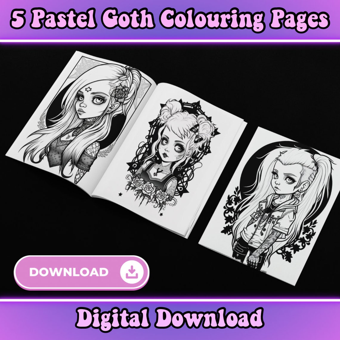 5 Goth Girl Colouring Pages Kawaii Cute Coloring in Pagan Cute Gift Cat ...