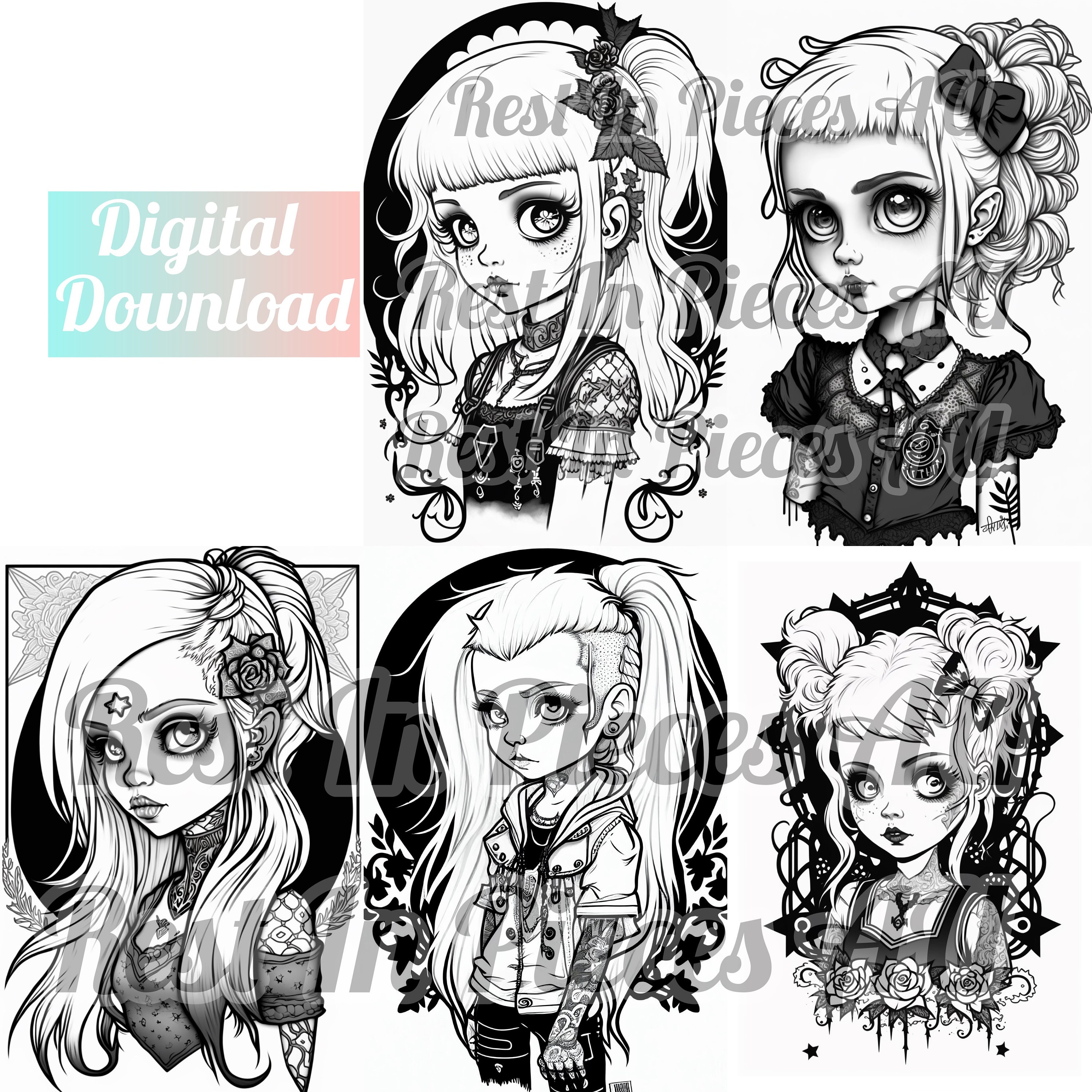 5 Goth Girl Colouring Pages Kawaii Cute Coloring in Pagan Cute Gift Cat ...