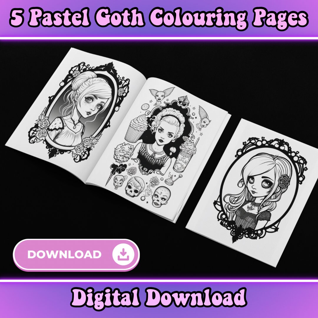 5 Goth Girl Colouring Pages Kawaii Cute Coloring in Pagan Cute Gift Cat ...