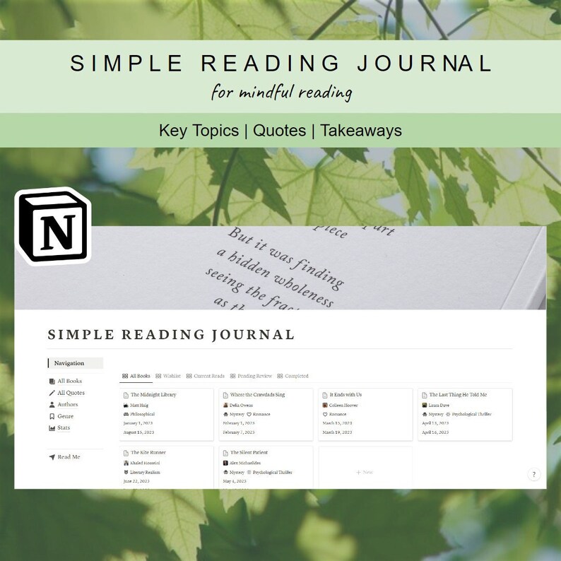 Simple Reading Journal Notion Template Mindful Reading Key - Etsy