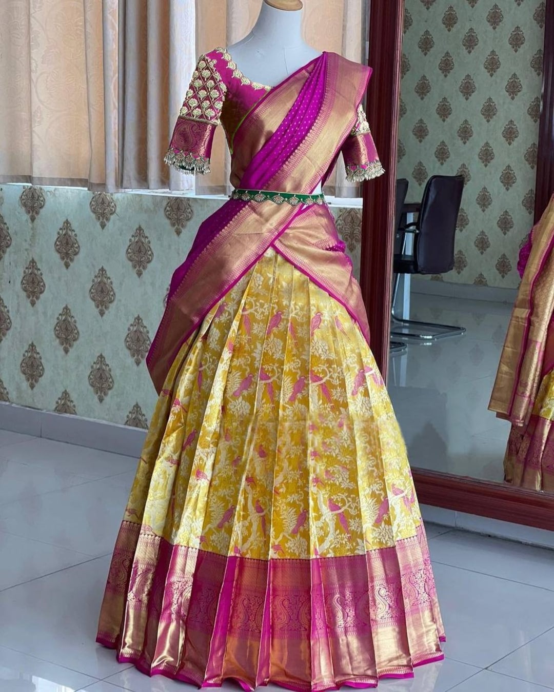 Designer Banarasi Silk Half Saree Lehenga Pure Zari Waving South Indian ...