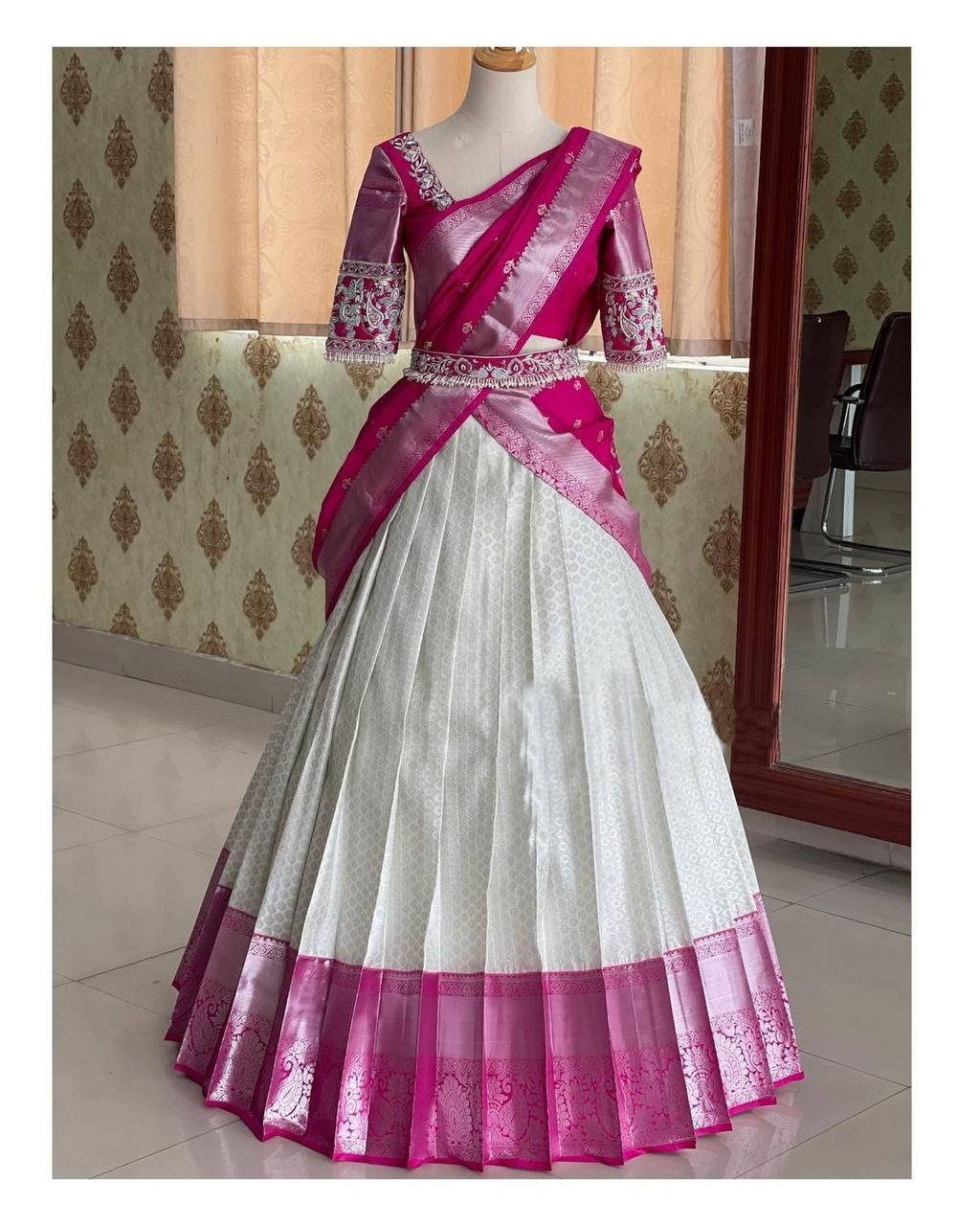 Designer Banarasi Silk Half Saree Lehenga Pure Zari Waving South Indian ...