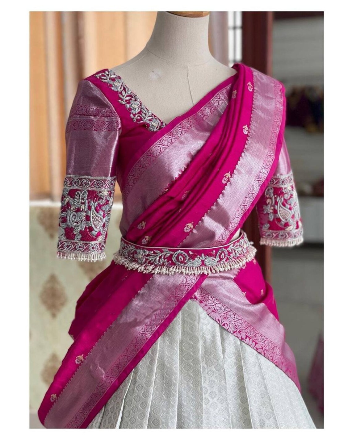 Designer Banarasi Silk Half Saree Lehenga Pure Zari Waving South Indian ...