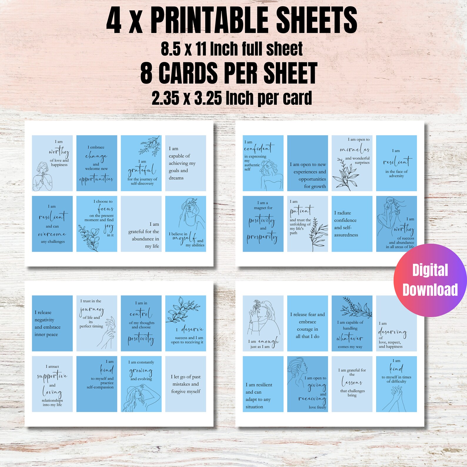 32 Blue Positive Affirmation Cards for Women, Printable Affirmation ...