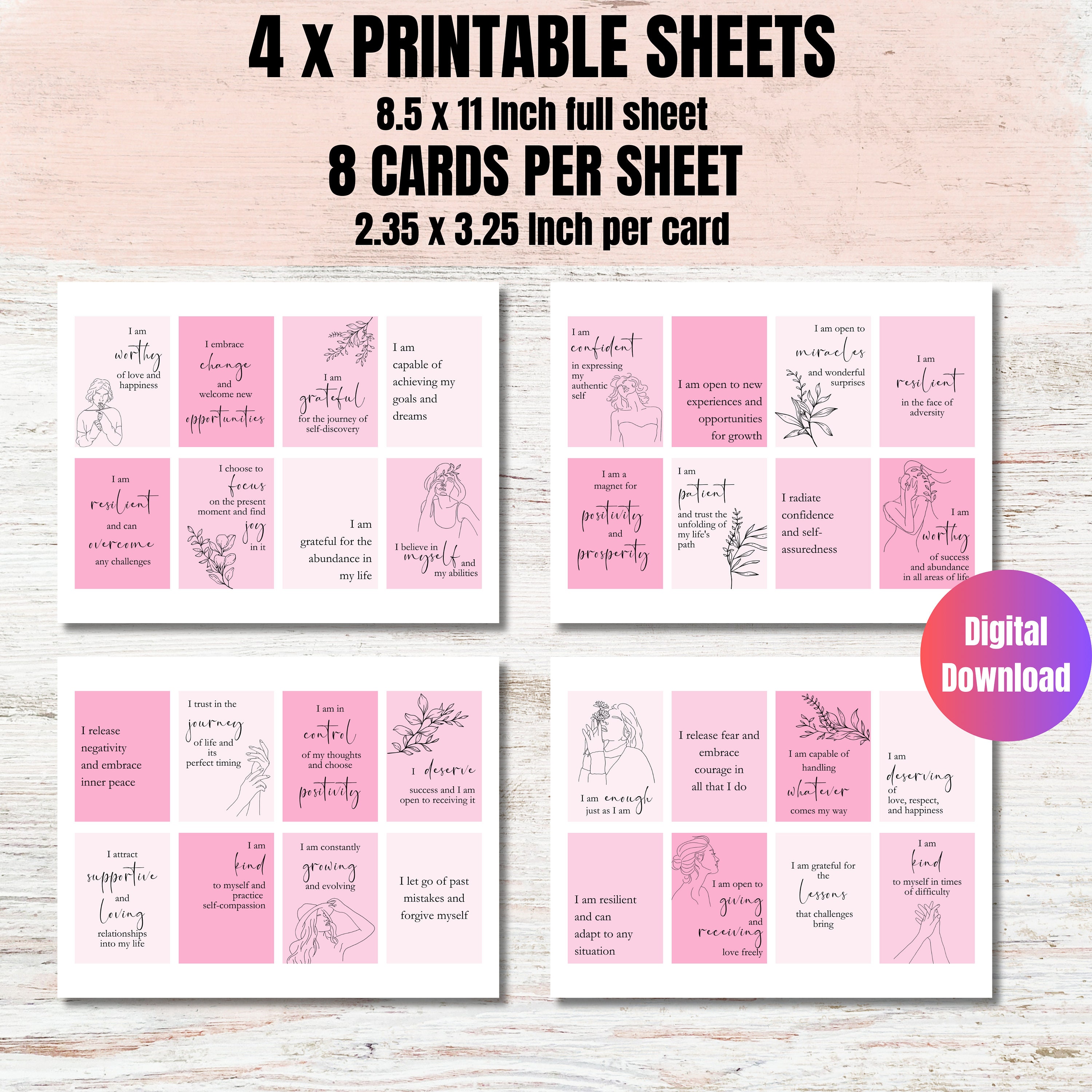 32 Pink Positive Affirmation Cards for Women, Printable Affirmation ...
