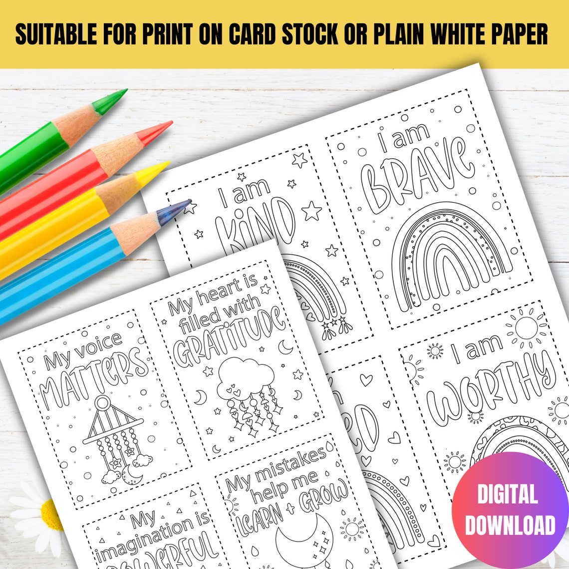 32 Printable Positive Affirmation Cards to Color for Kids, Motivational ...