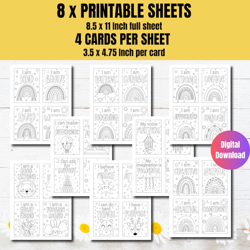 32 Printable Positive Affirmation Cards to Color for Kids, Motivational ...