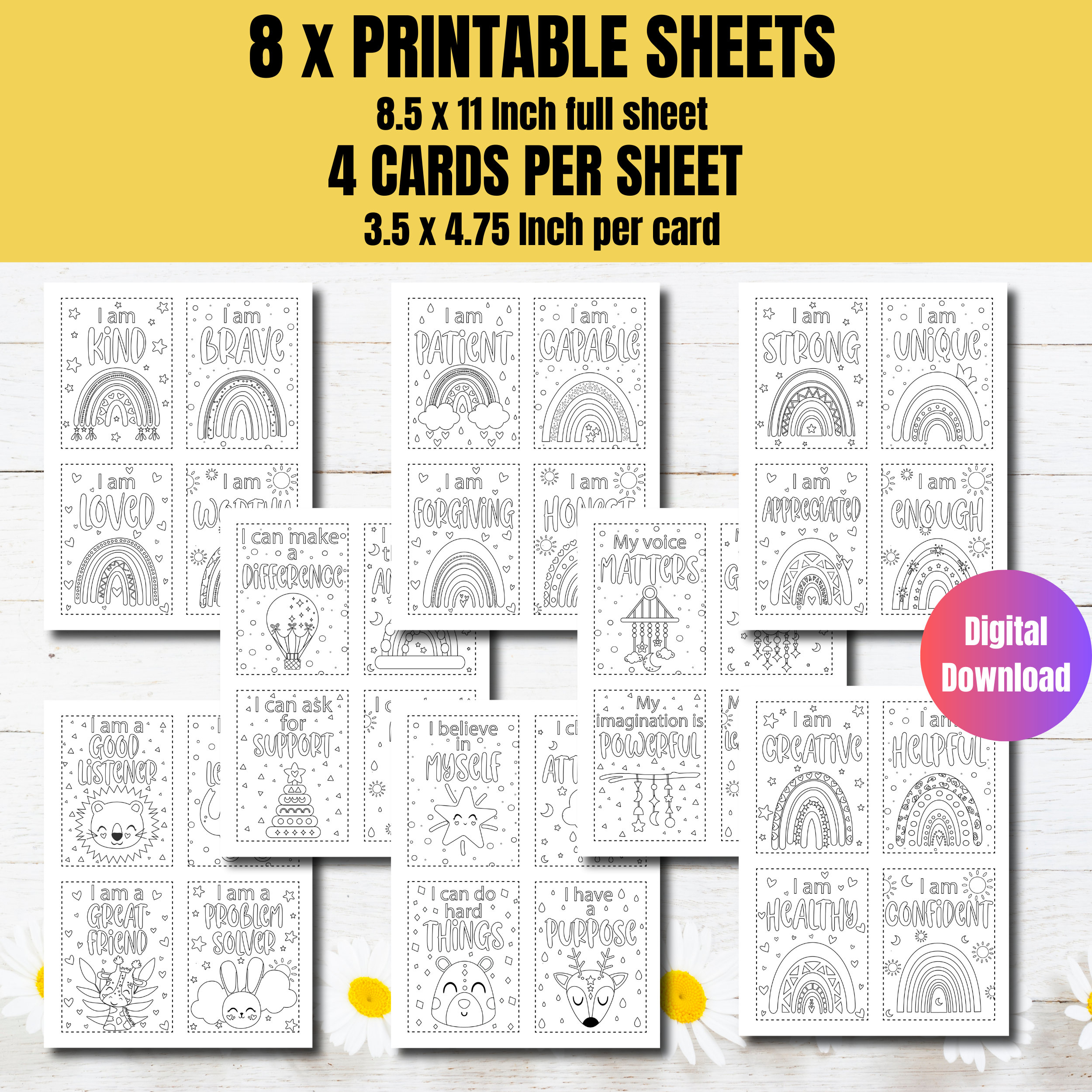 32 Printable Positive Affirmation Cards to Color for Kids, Motivational ...