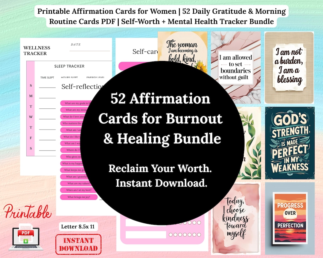 52 Affirmation Cards for Burnout & Healing | Printable Gratitude and ...