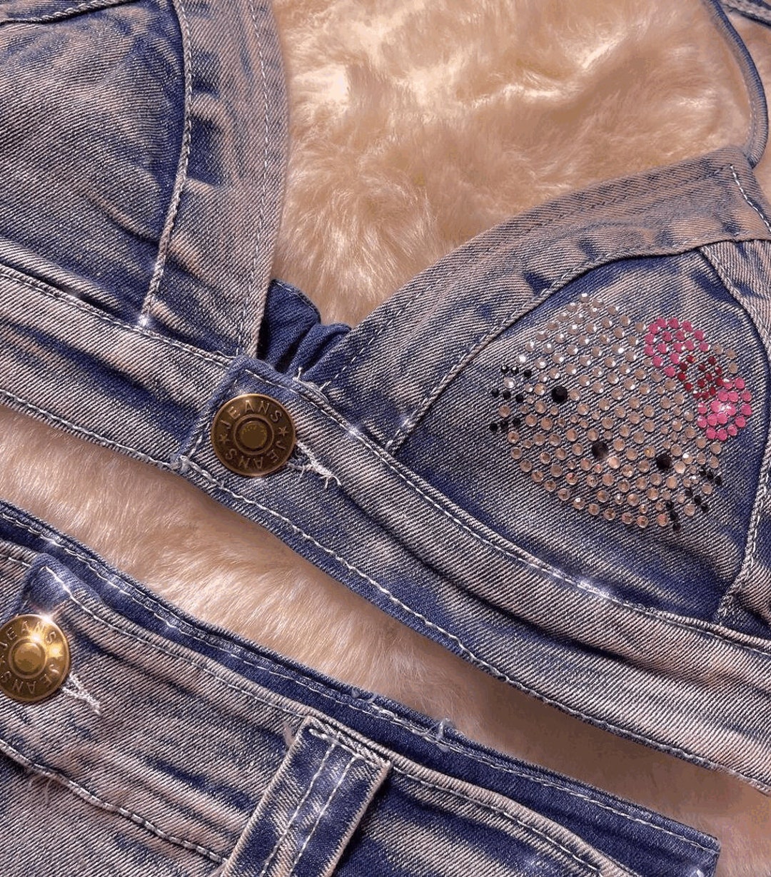 Rhinestone Kitty Denim Bikini Set - Etsy