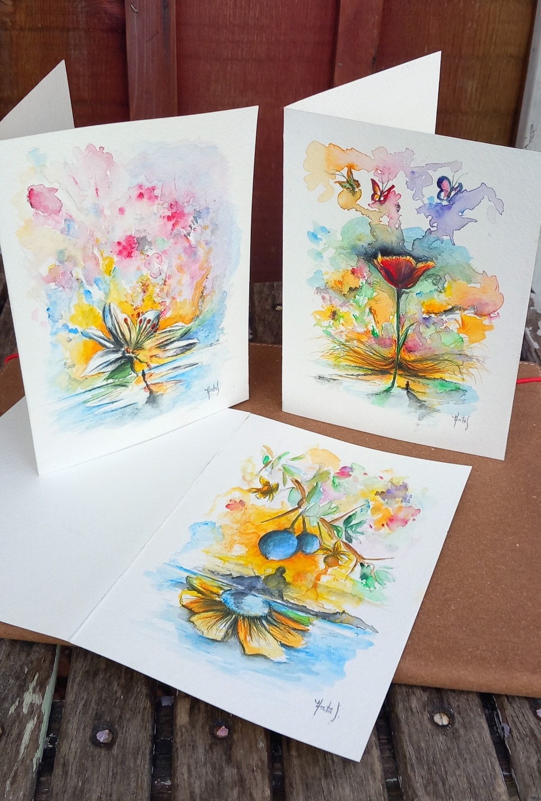 3 Hand-painted Watercolor Greeting Cards With Floral Motifs - Etsy