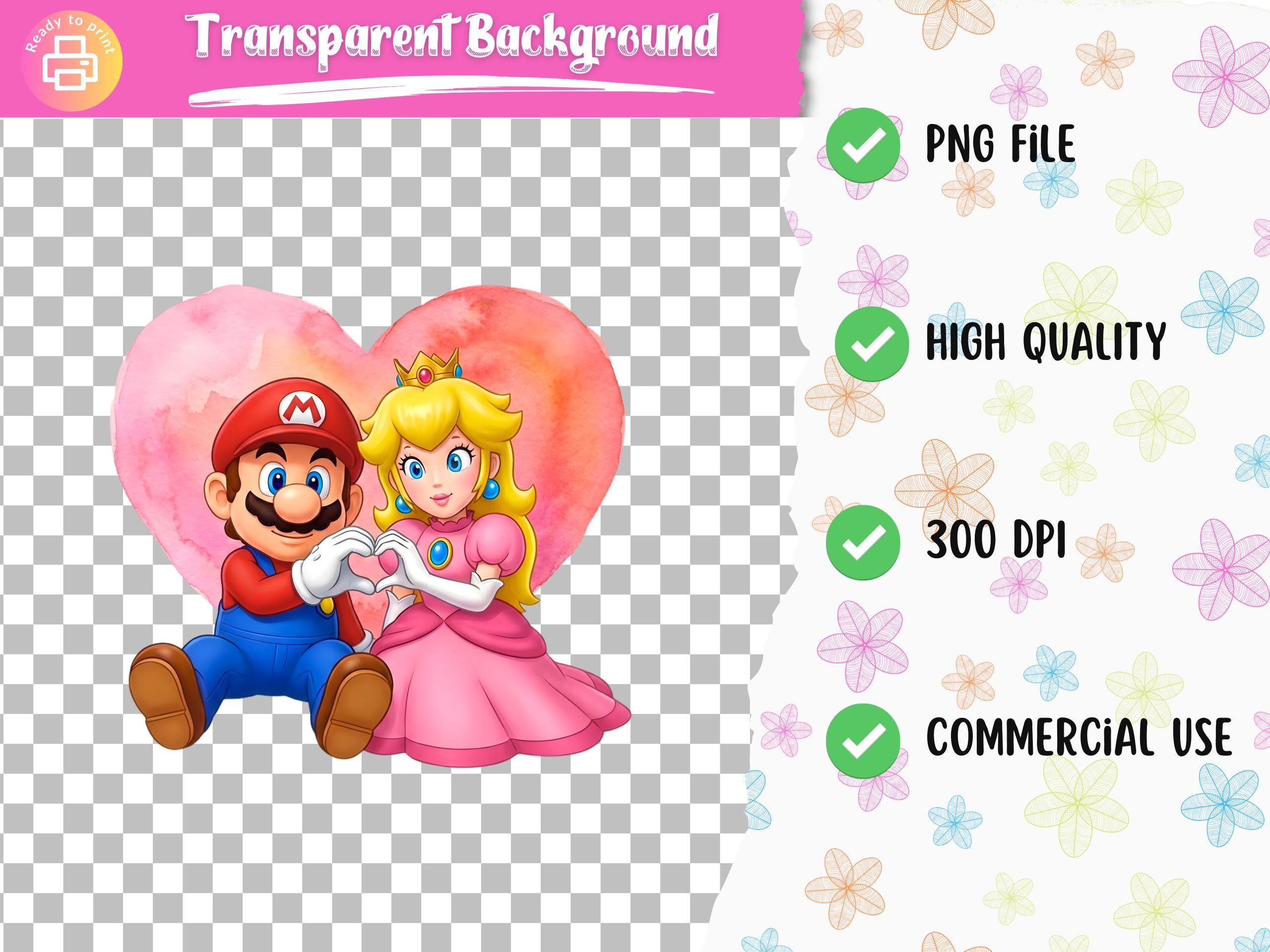 Super Mario and Peach Love Amidst Heart Romantic Watercolor Clipart ...