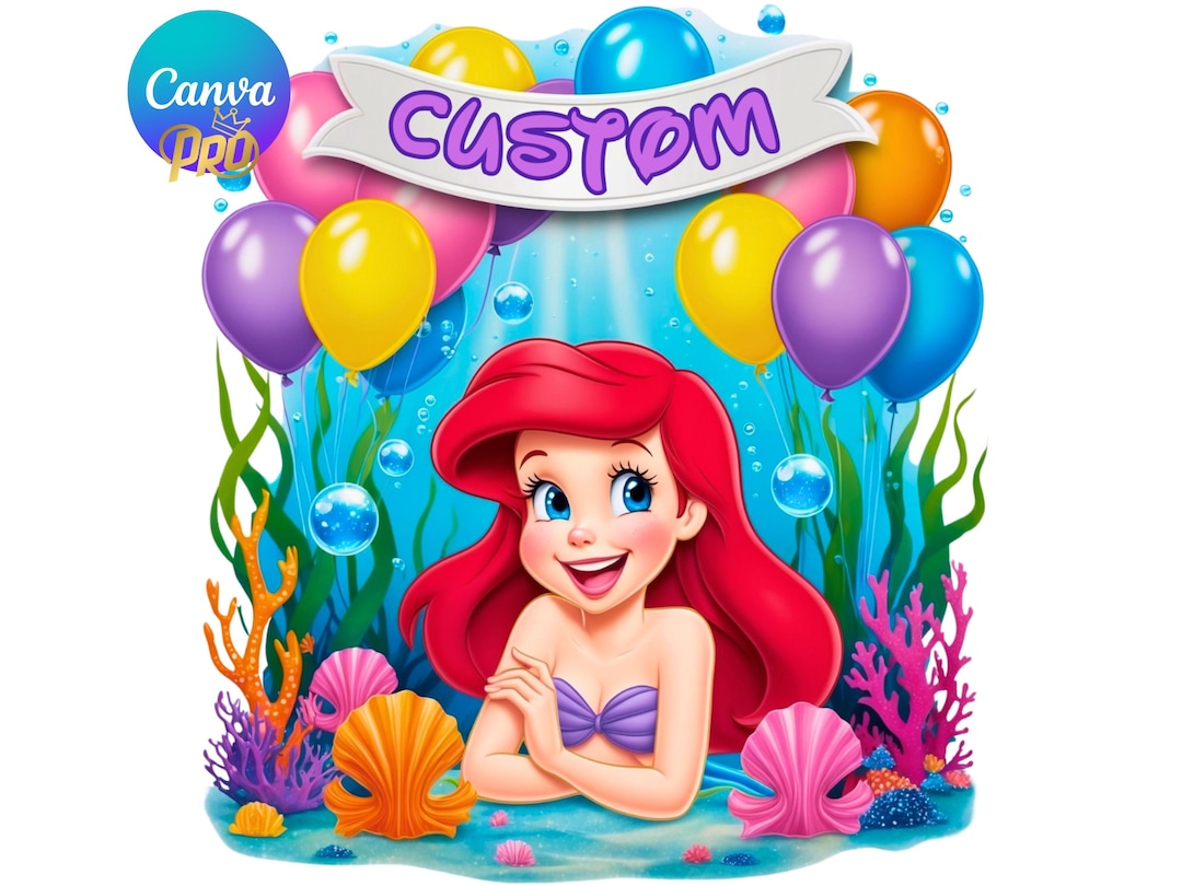 Princess Ariel Birthday Clipart: Customizable Canva Design (digital ...