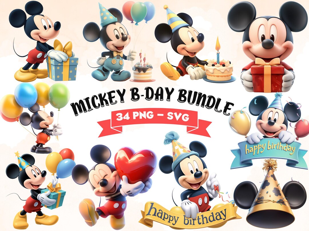 34 Mickey Mouse Birthday PNG & SVG Digital Bundle Clipart - Commercial ...