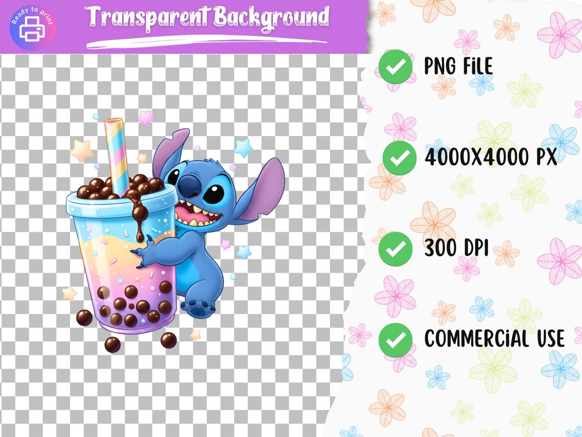 Stitch Rainbow Boba Hug PNG Kawaii Drink Cartoon Design Design Clipart ...