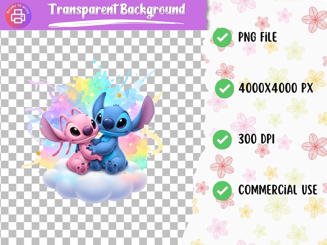 Stitch and Angel Watercolor Cloud Splash Clipart: PNG Design (digital ...