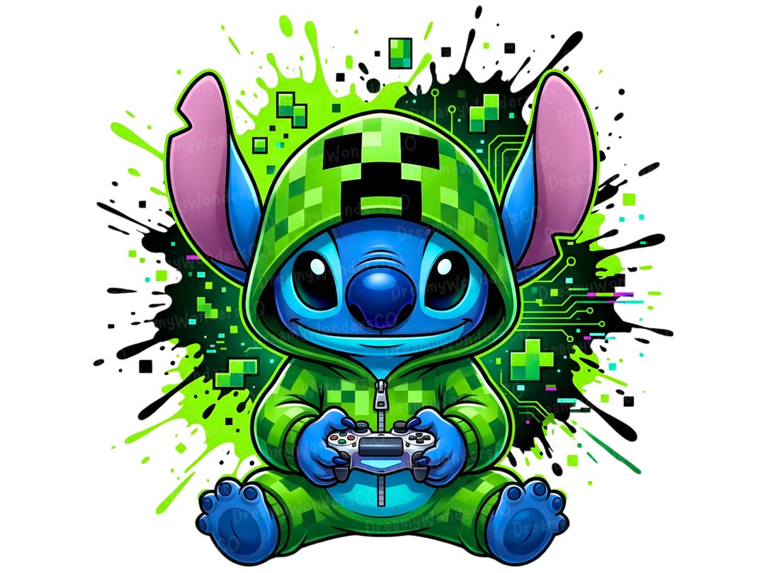 Gamer Stitch PNG – Green Onesie, Gaming Kids Paint Splash Design ...