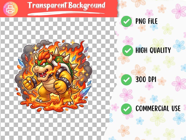 Bowser Fire Design PNG – Gaming Cartoon Fire Villain Clipart (digital ...