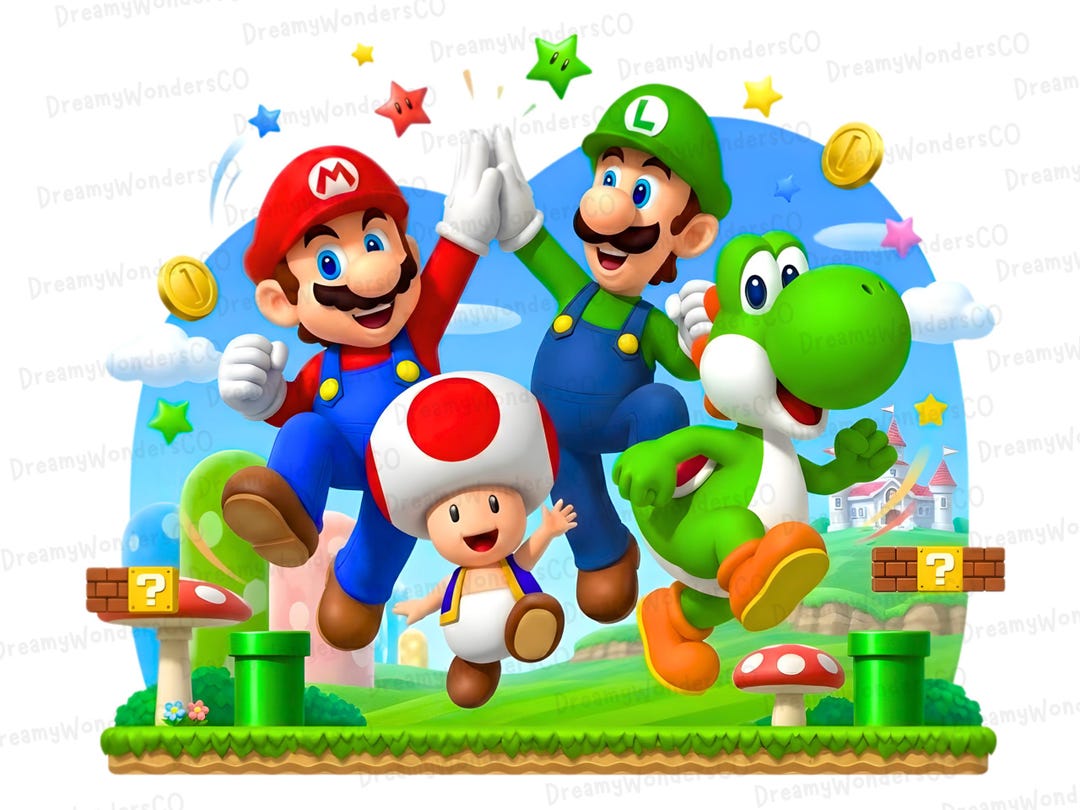 Super Mario Friends Adventure PNG – Mario Luigi Yoshi Toad Group Design ...