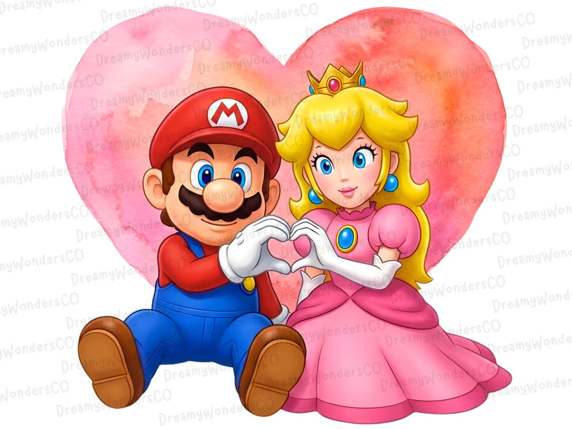 Super Mario and Peach Love Amidst Heart Romantic Watercolor Clipart ...