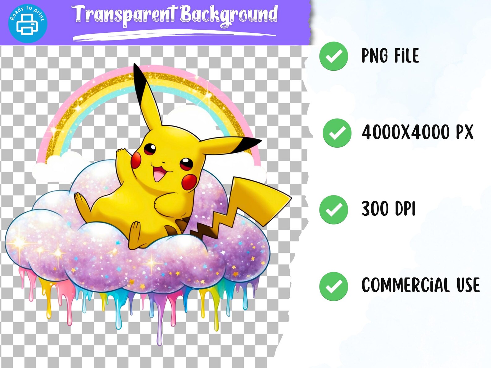 Digital Pikachu Rainbow Fluffy Cloud PNG Design Clipart -commercial Use ...