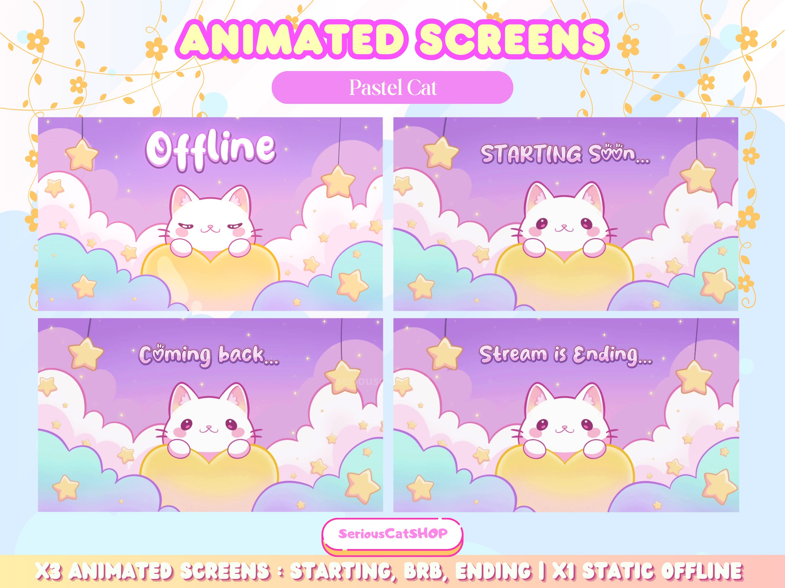 Adorable Animated Pastel Cat Screen Overlays Bundle, X3 Animated MP4 X1 ...