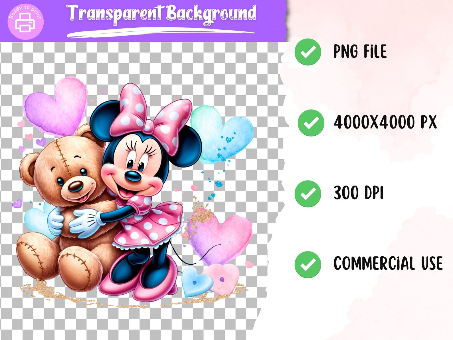 Minnie Hugging Teddy Bear Clipart: Commercial Use PNG (digital Download ...