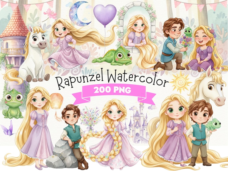 Princess Rapunzel Watercolor Bundle 200 PNG Clipart - Tangled ...