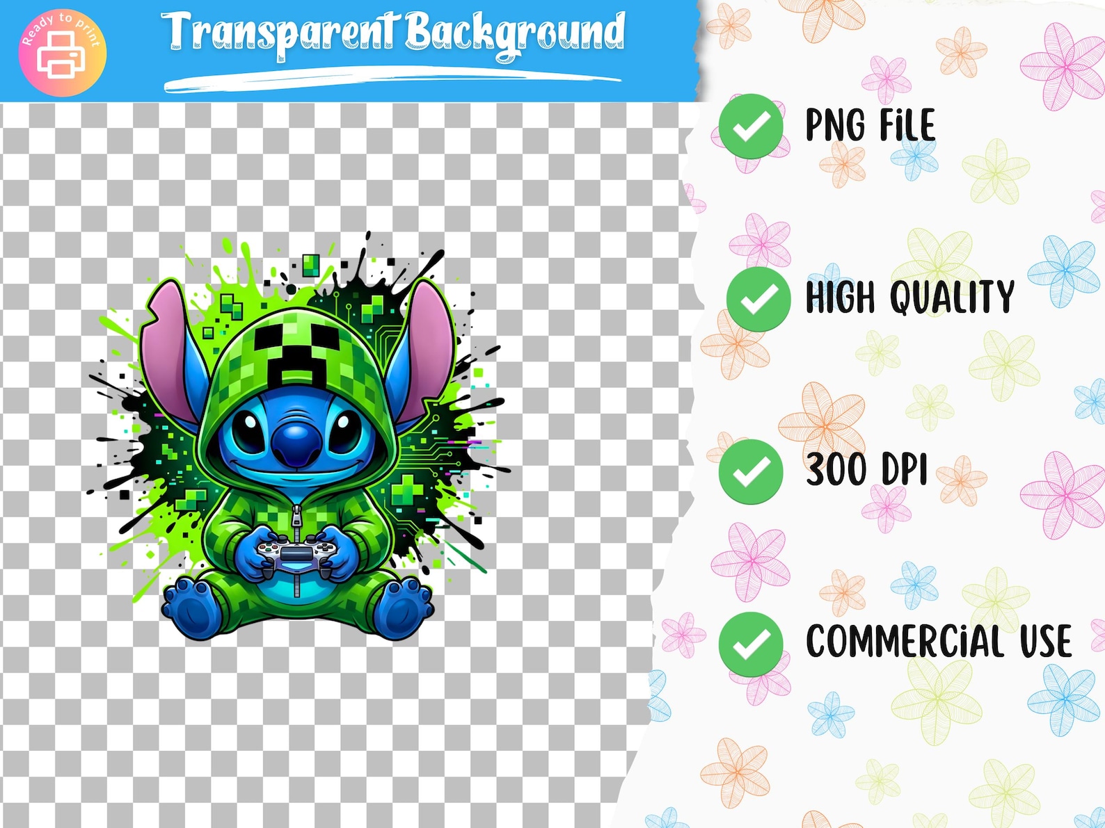 Gamer Stitch PNG – Green Onesie, Gaming Kids Paint Splash Design ...