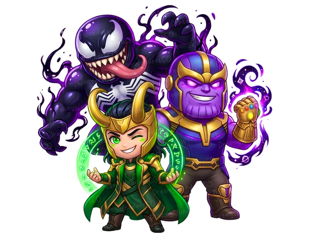 Chibi Villains Design PNG – Venom Loki Thanos Evil Style Design Clipart ...