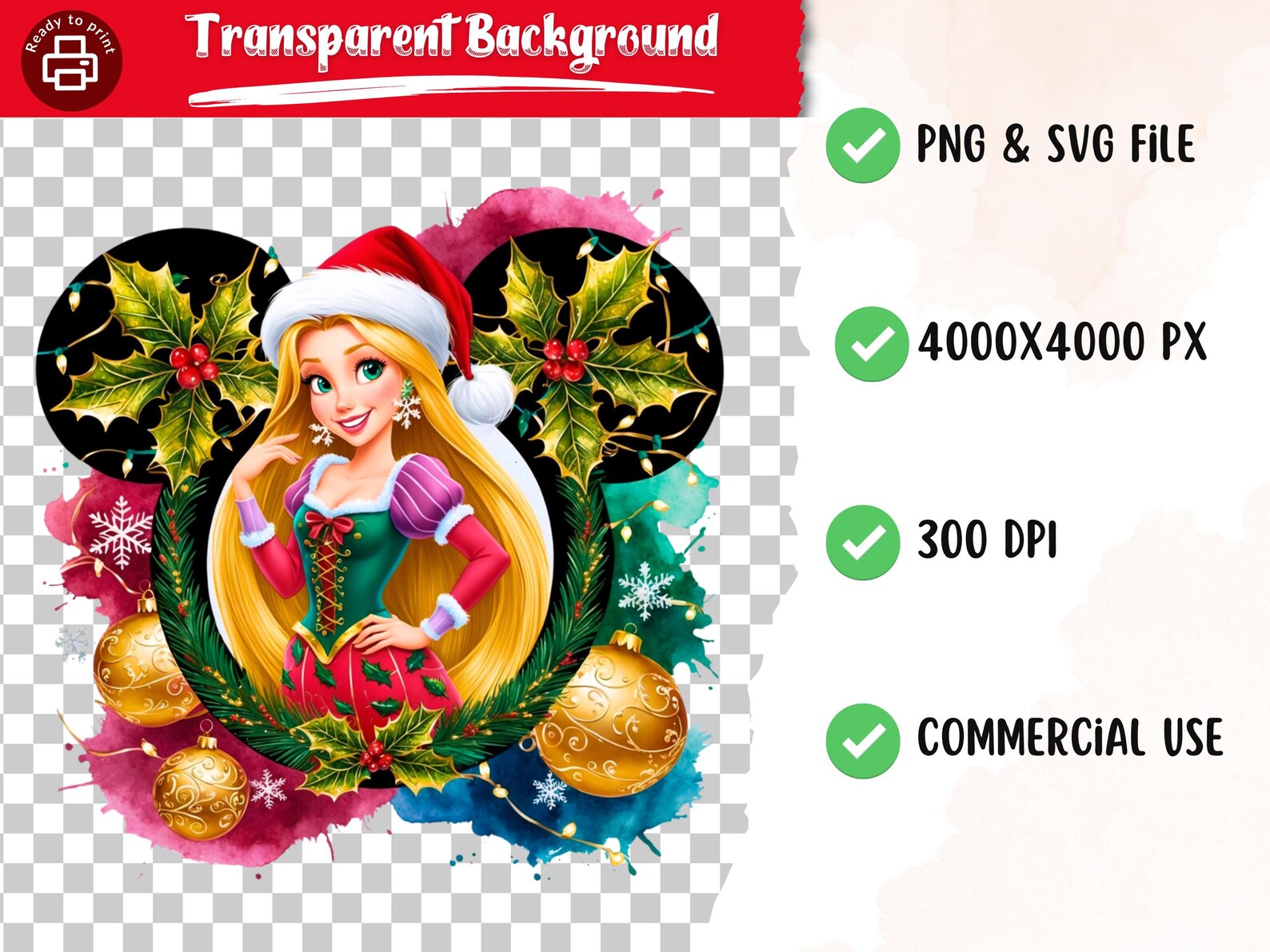 Christmas Princess Rapunzel Clipart: PNG & SVG Design (commercial Use ...