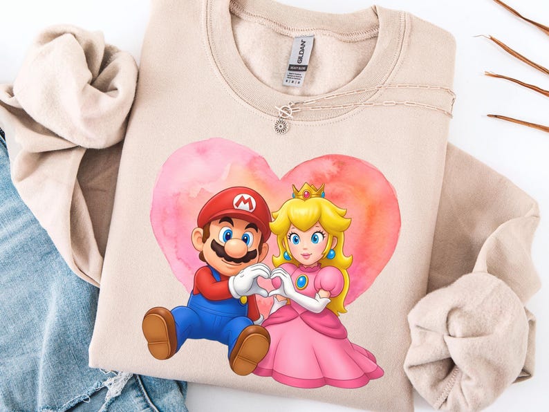Super Mario and Peach Love Amidst Heart Romantic Watercolor Clipart ...