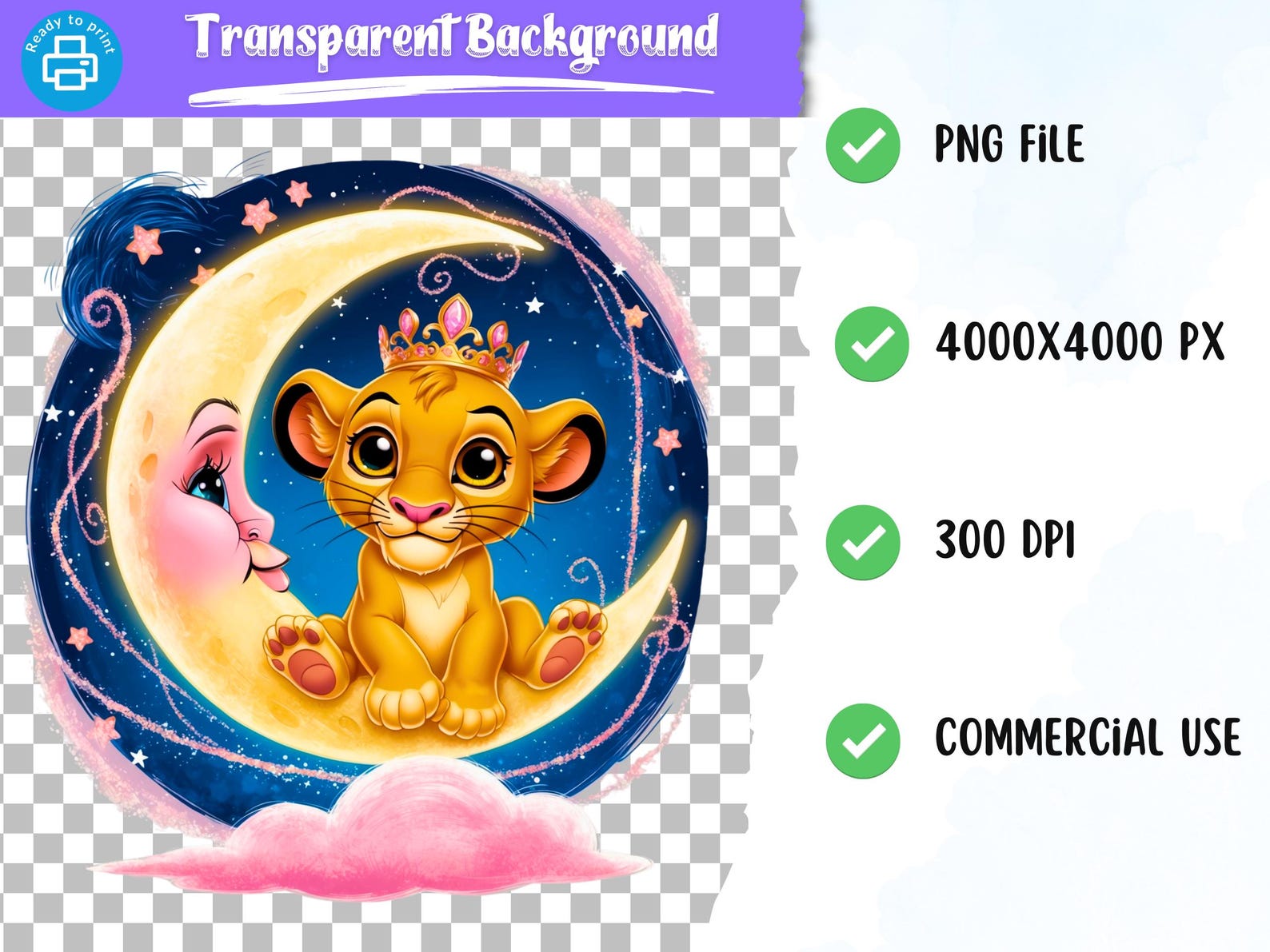 Lion King Simba on Moon Kawaii PNG Clipart: Commercial Use (digital ...