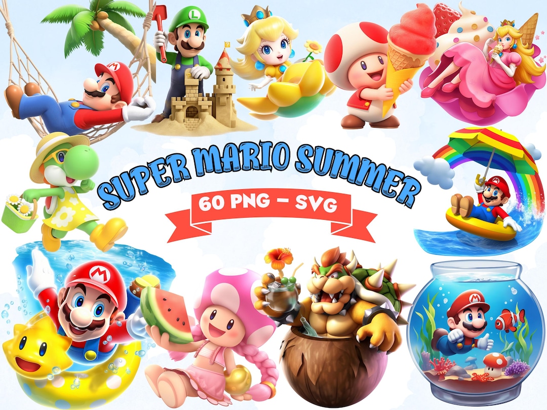 Super Mario Summer Clipart Bundle: 60 PNG & SVG Graphics (commercial ...