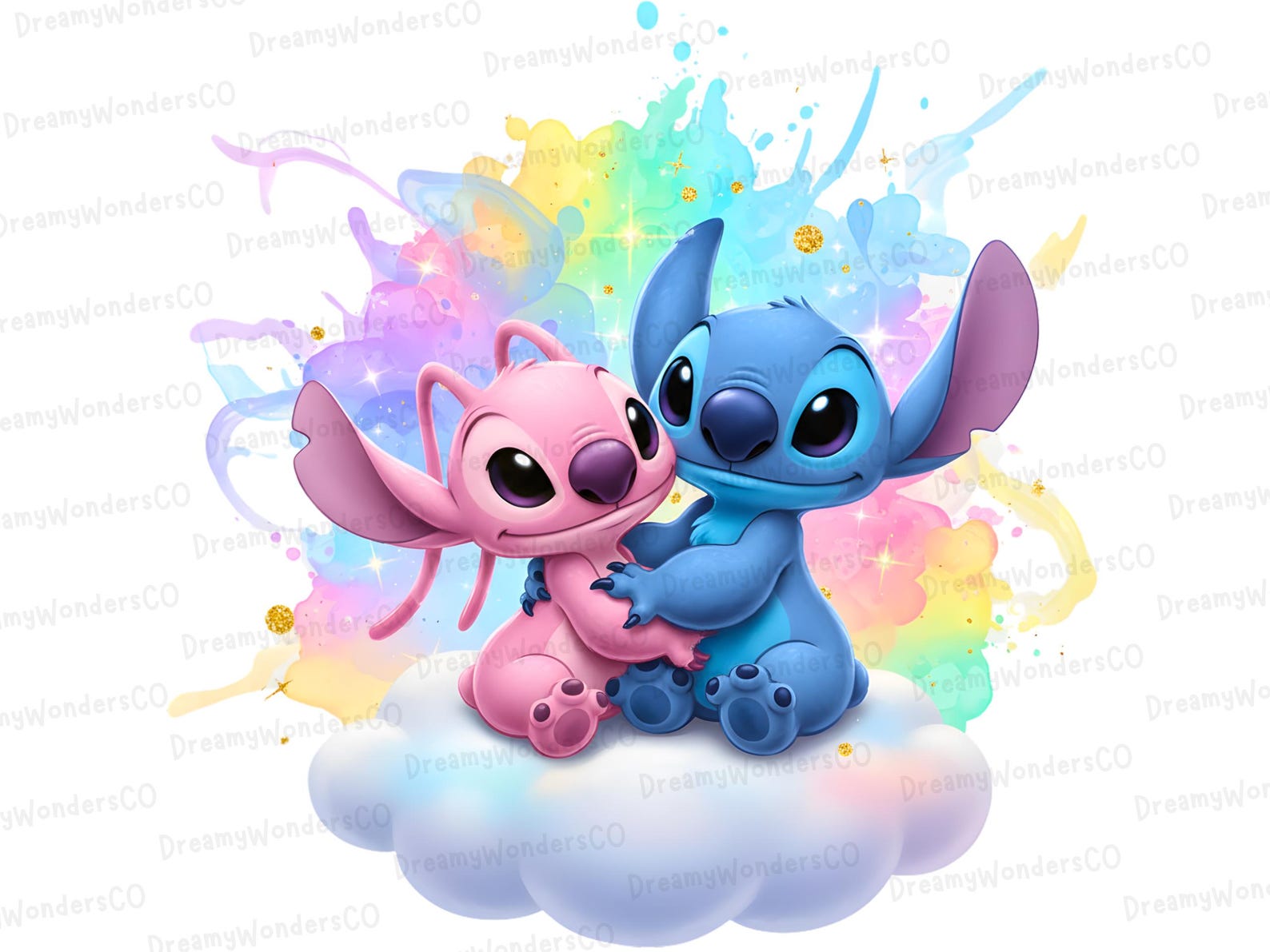 Stitch and Angel Watercolor Cloud Splash Clipart: PNG Design (digital ...