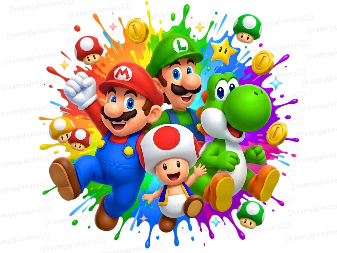 Super Mario Friends Adventure PNG – Mario Luigi Yoshi Toad Group Design ...