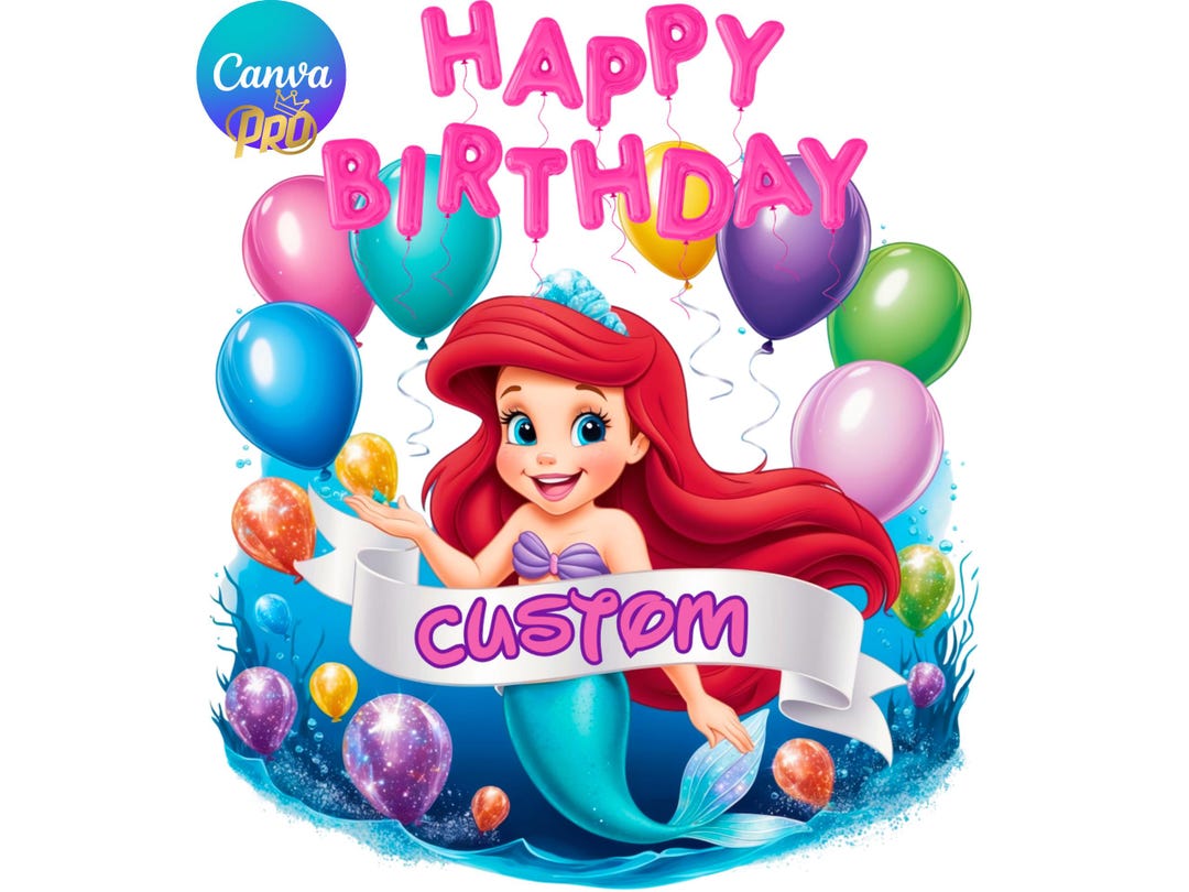 Princess Ariel Birthday Clipart: Customizable Canva Design (PNG Digital ...