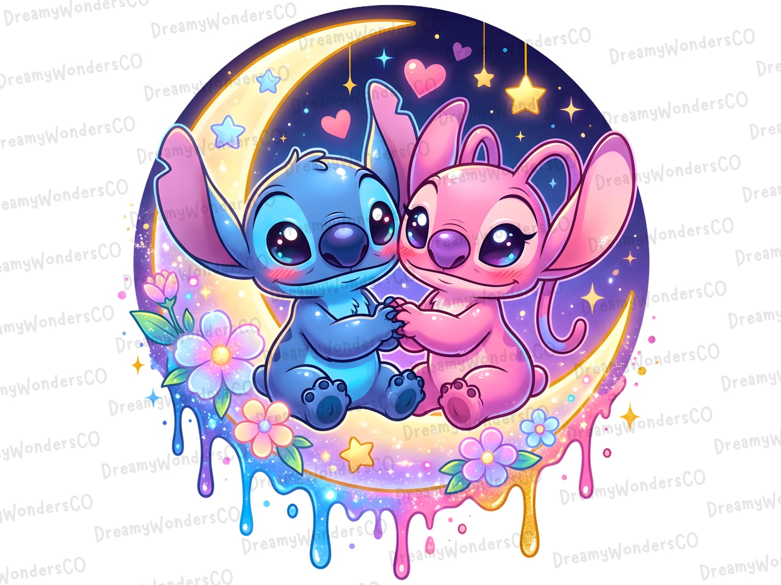 Stitch and Angel Flower Moon Dreamy Clipart: PNG Design (digital ...