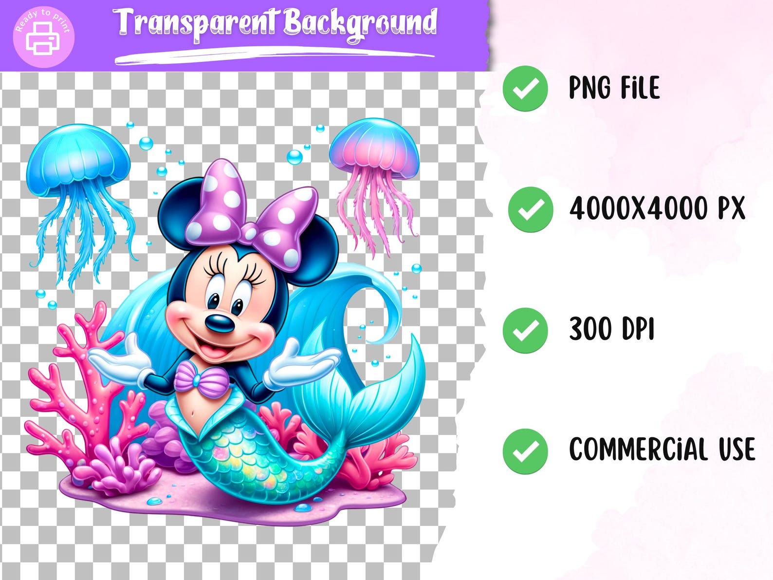Digital Minnie Mermaid Under Sea PNG Design Clipart - Commercial Use ...