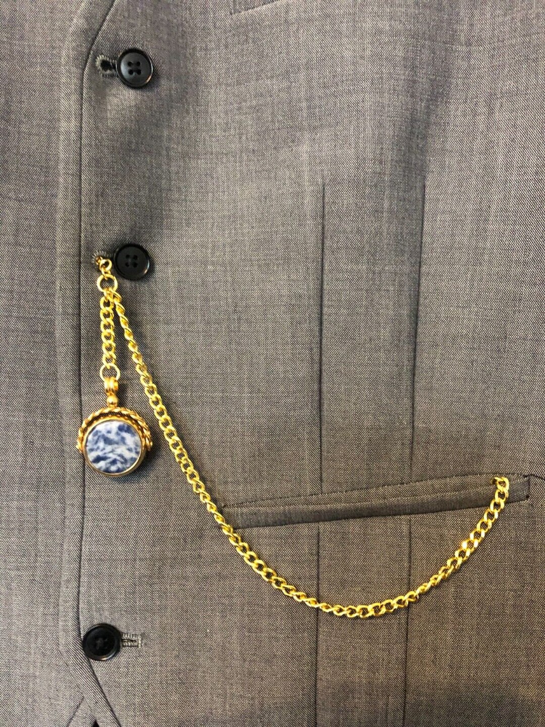 Vintage Type Single Albert Gold Plated Pocket Watch Chain Spinning Fob ...