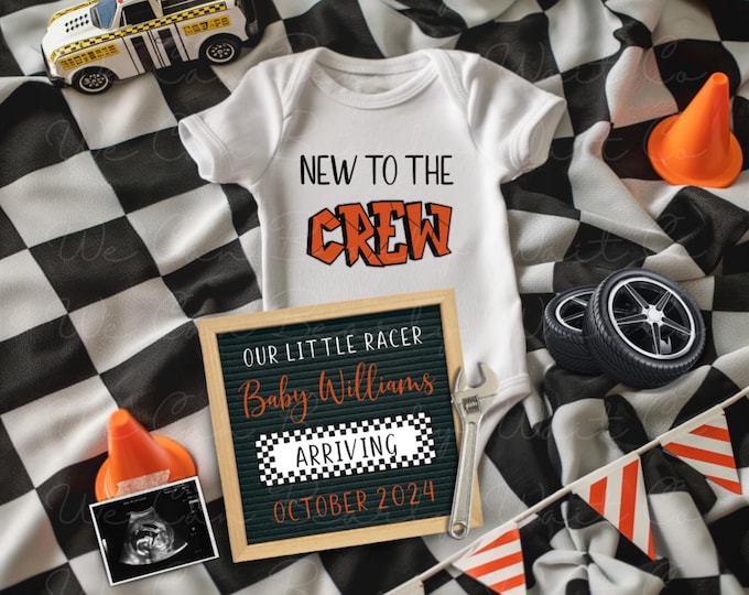 New to the Crew Racing Pregnancy Announcement Digital, Race Car Baby ...