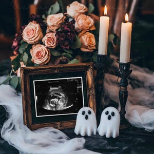 Simple Halloween Pregnancy Announcement Digital, Cute Floral Ghost Baby ...