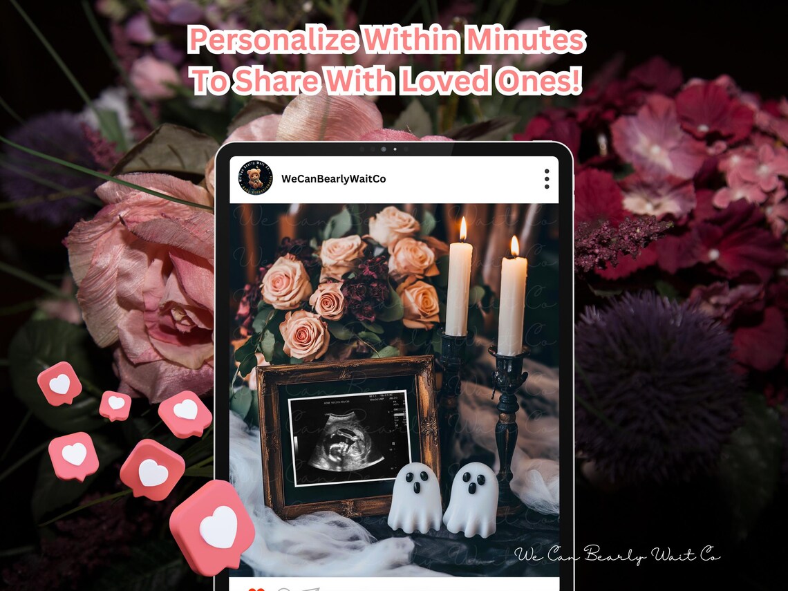 Simple Halloween Pregnancy Announcement Digital, Cute Floral Ghost Baby ...