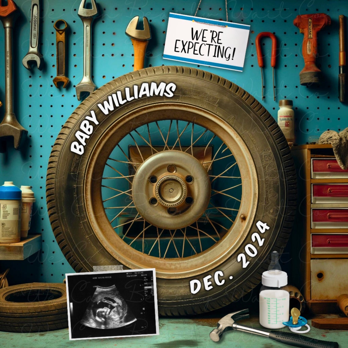 Mechanic Shop Baby Announcement Digital, Father's Day Baby Announcement ...