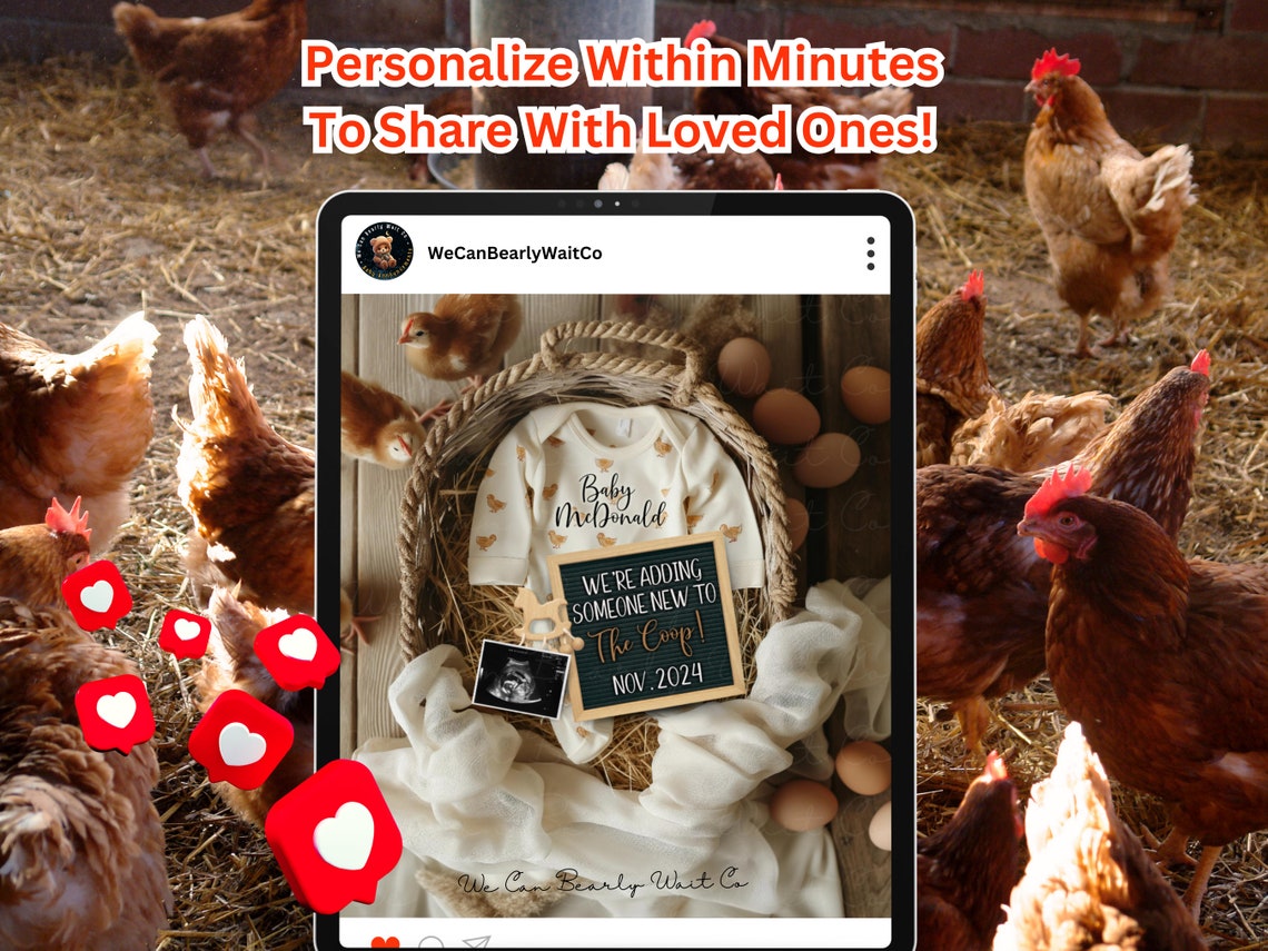 Cute Boho Farm Pregnancy Announcement Digital, New to the Coop Chicken ...