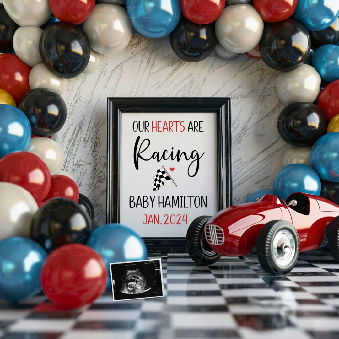 Our Hearts Are Racing Baby Announcement Digital, Race Car Baby ...