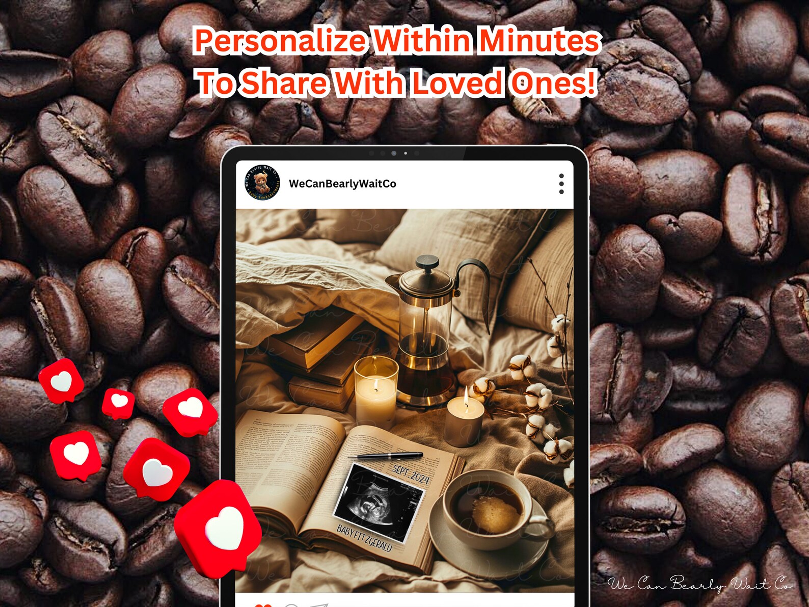Books and Coffee Pregnancy Announcement Digital, Book Lover Baby ...