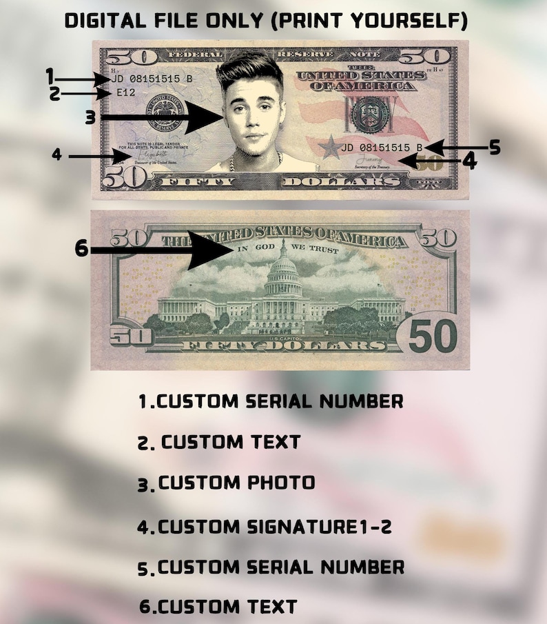 Personalized Face 50 Dollar Bill Template, Party Money (digital ...