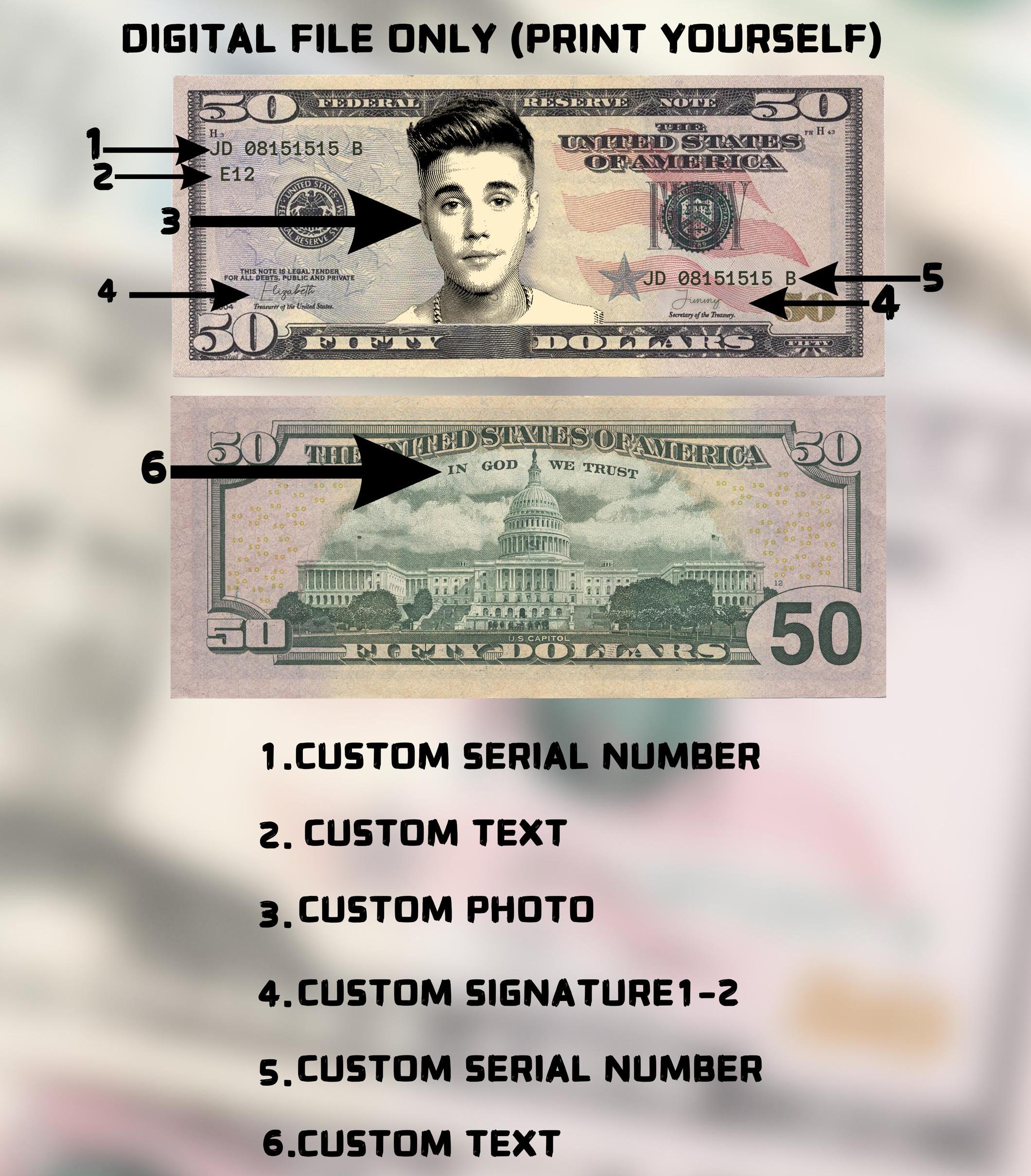 Realistic 50 Dollar Bill Template, Custom Face Grant, Prop Money ...