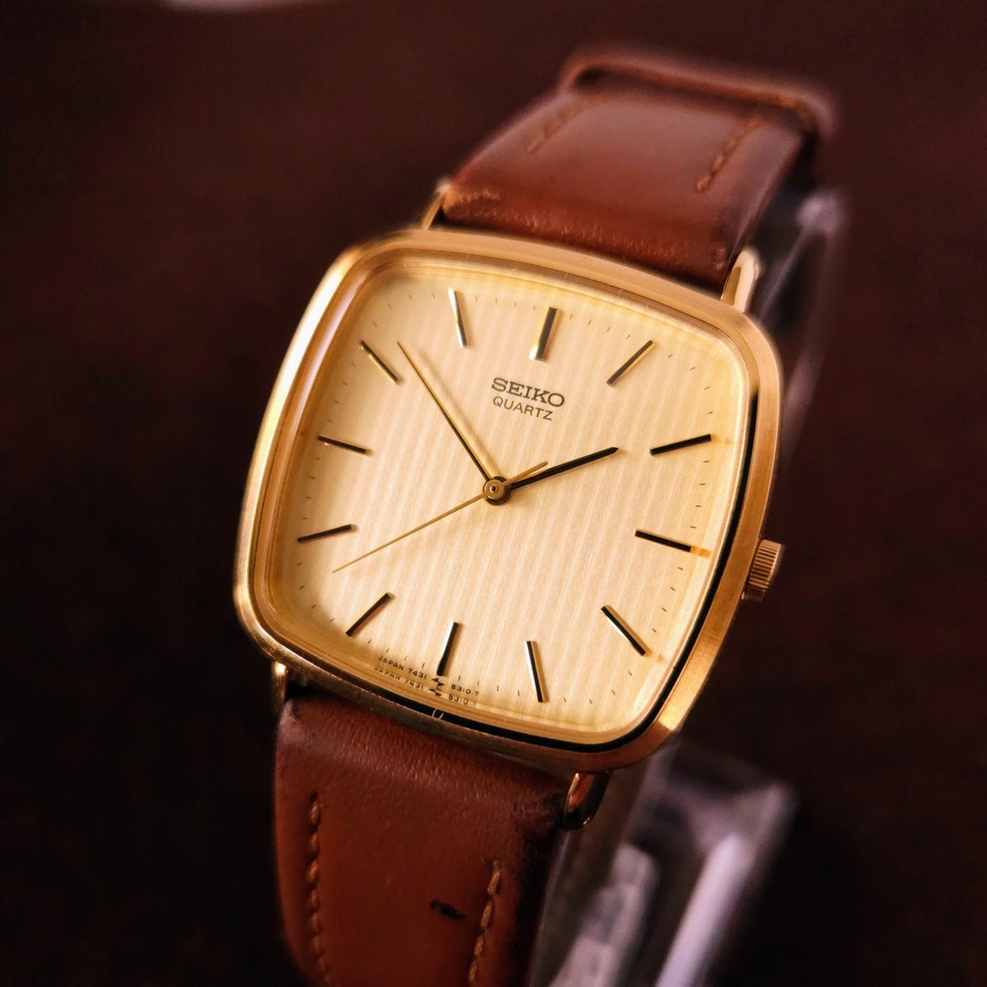 Vintage Seiko Square Gold Striped Dial Mens Watch 7431-5250 Made 1986 ...
